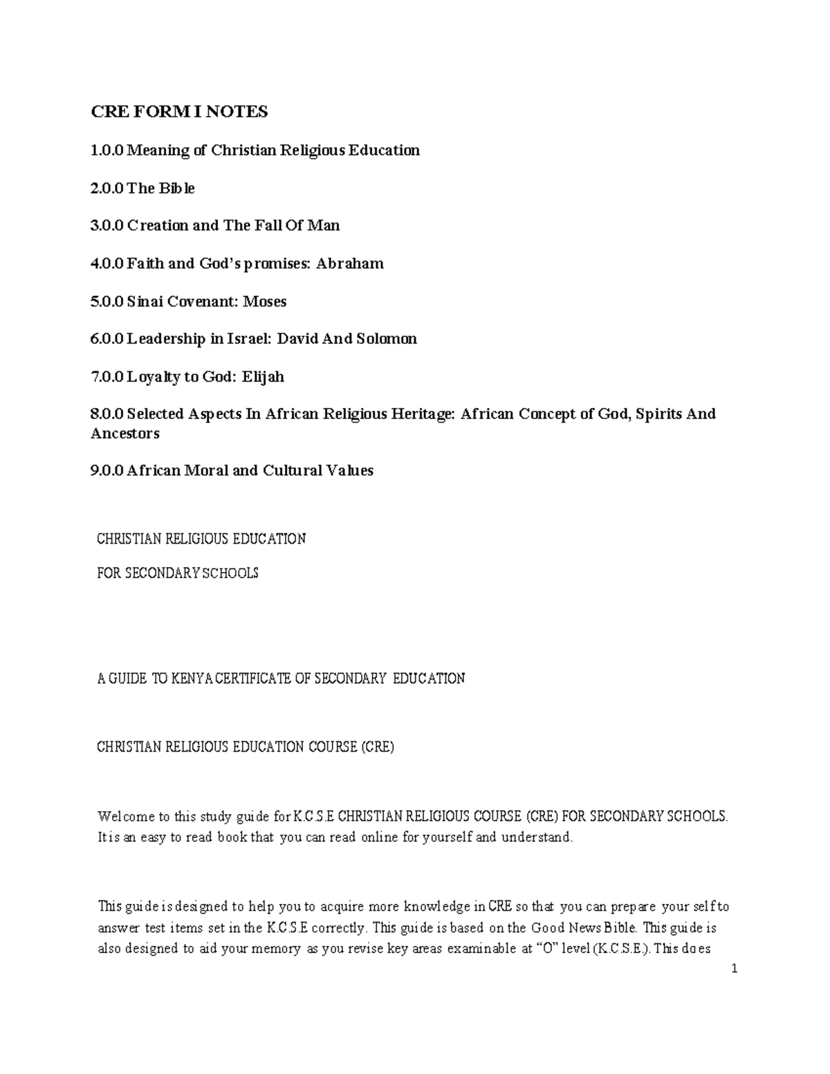 CRE FORM 1 Notes - CRE FORM I NOTES 1.0 Meaning of Christian Religious ...