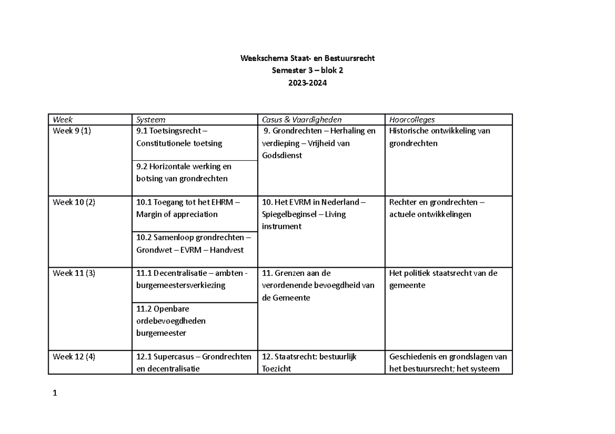 Weekschema Staats- en bestuursrecht - Semester 3 - 23-24 - Weekschema ...