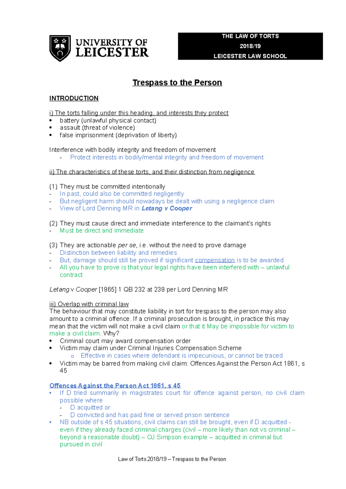 Trespass handout 2019 - these are lecture notes from my first year law ...