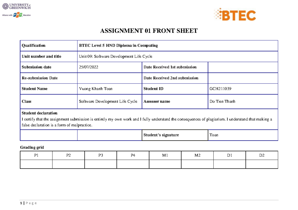 1 Unit 09. Assignment 01 Frontsheet - ASSIGNMENT 01 FRONT SHEET Qualification BTEC Level 5 HND ...