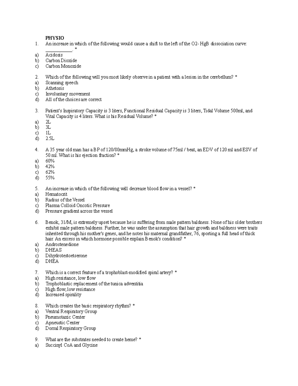 Human Anatomy Exam Part 1 Physio An Increase In Which Of The Following Would Cause A Shift To