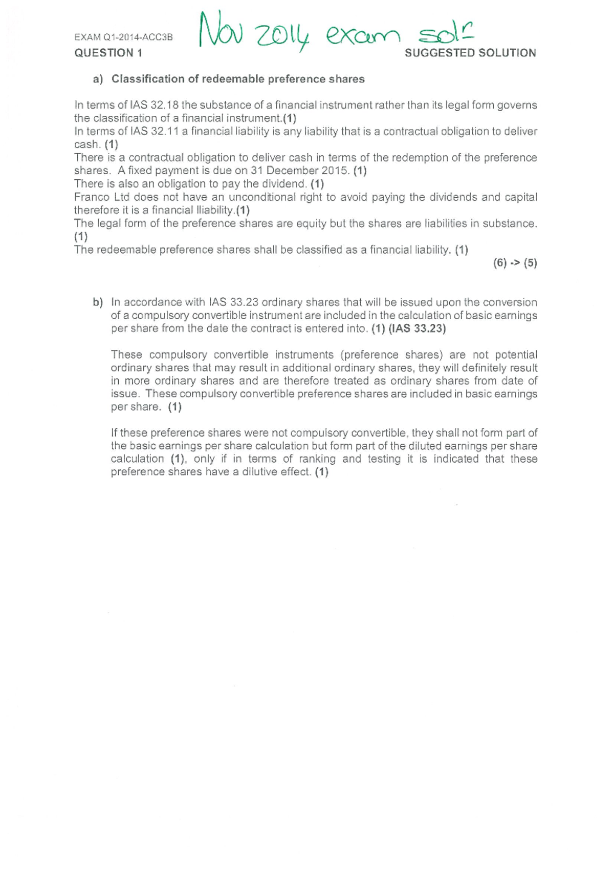 November 2014 exam solution - EXAM Nov 2014 exam solr QUESTION 1 SUGGESTED SOLUTION a) - Studocu