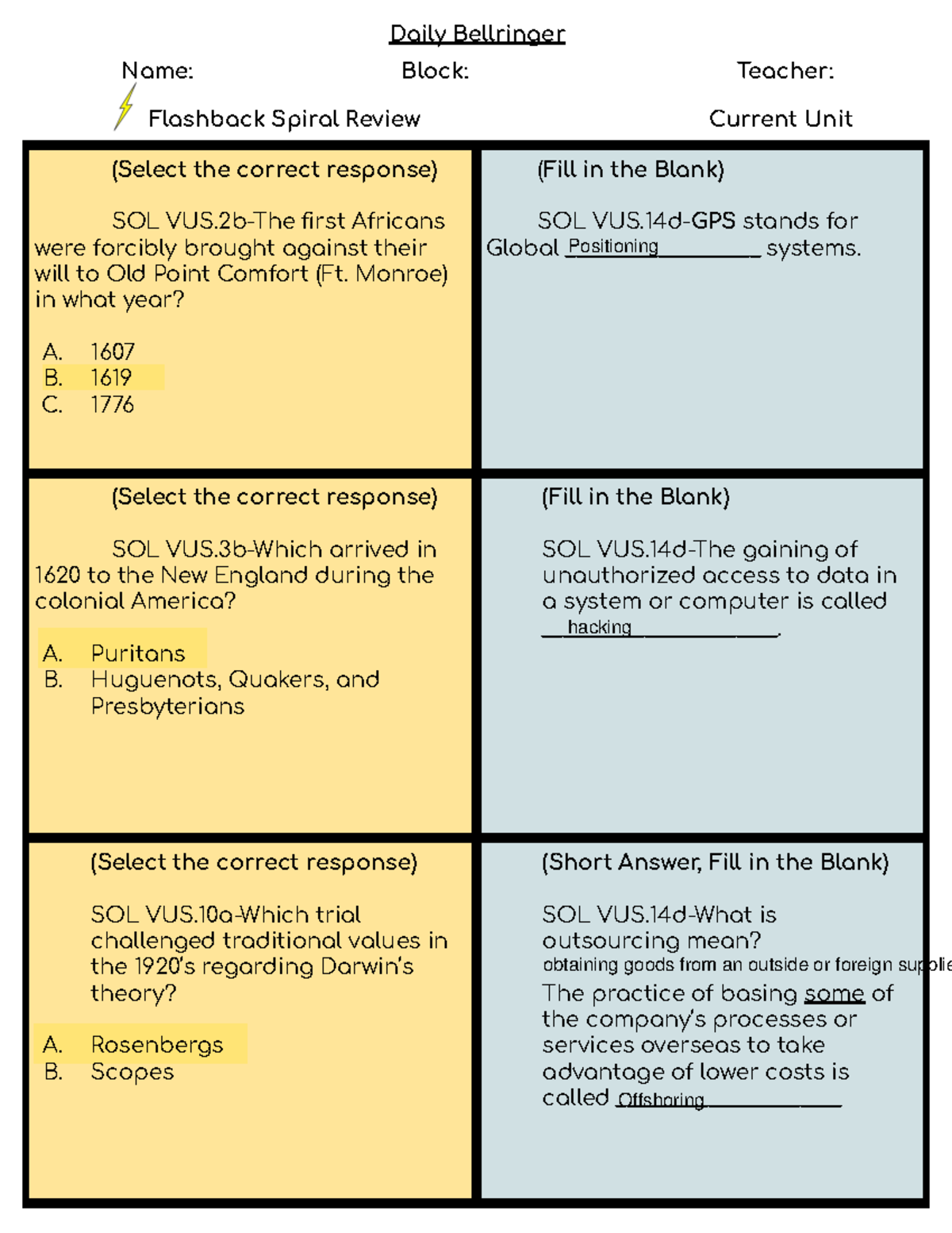 Bell Ringers Unit 12 P4 - (Select the correct response) SOL VUS-The ...