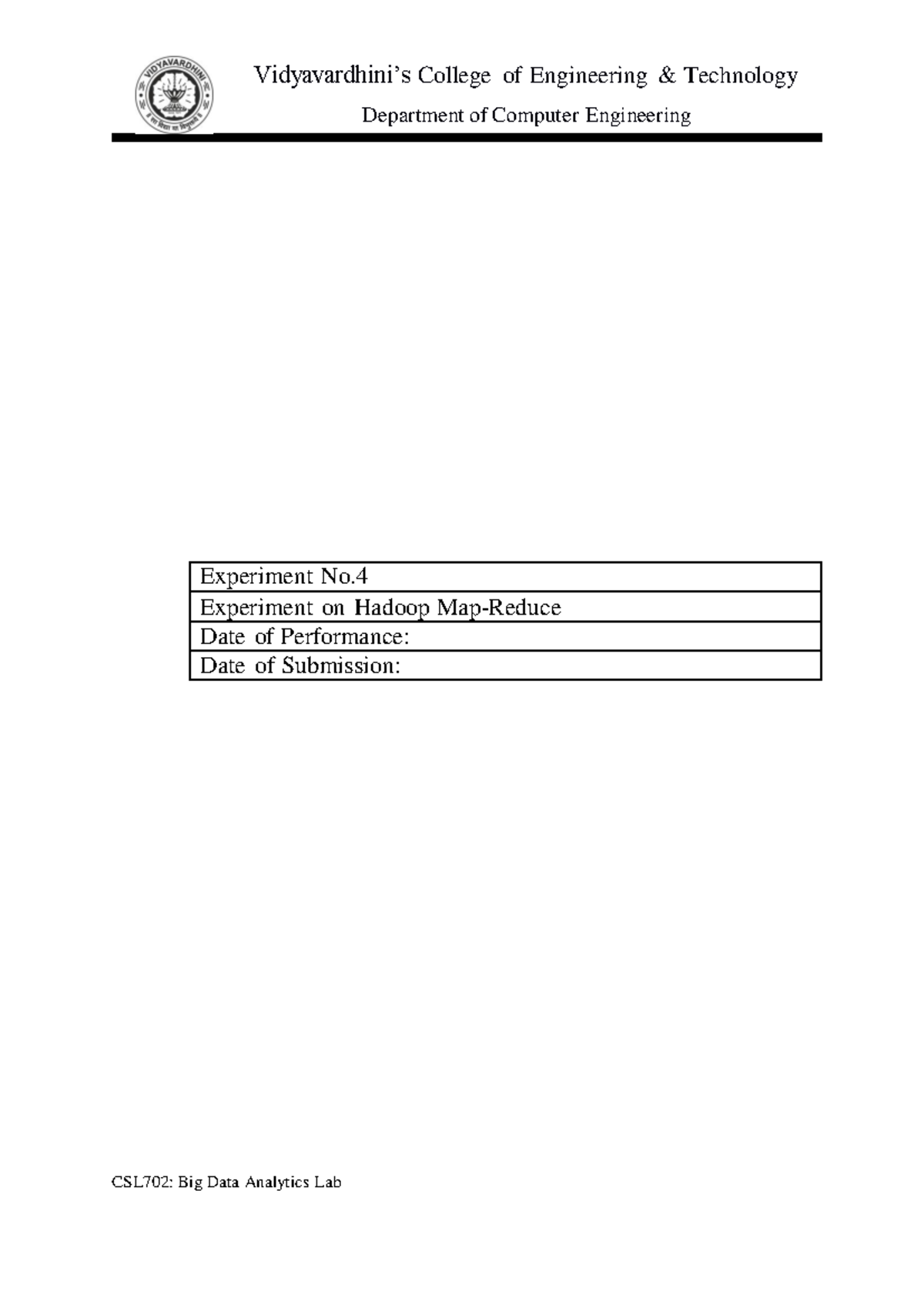 BDA prac 4 - BDA prac - Department of Computer Engineering Experiment No. Experiment on Hadoop ...