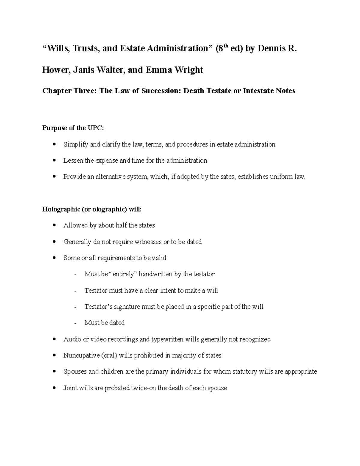 Wills, Trusts, and Estates Chapter Three Notes - “Wills, Trusts, and ...