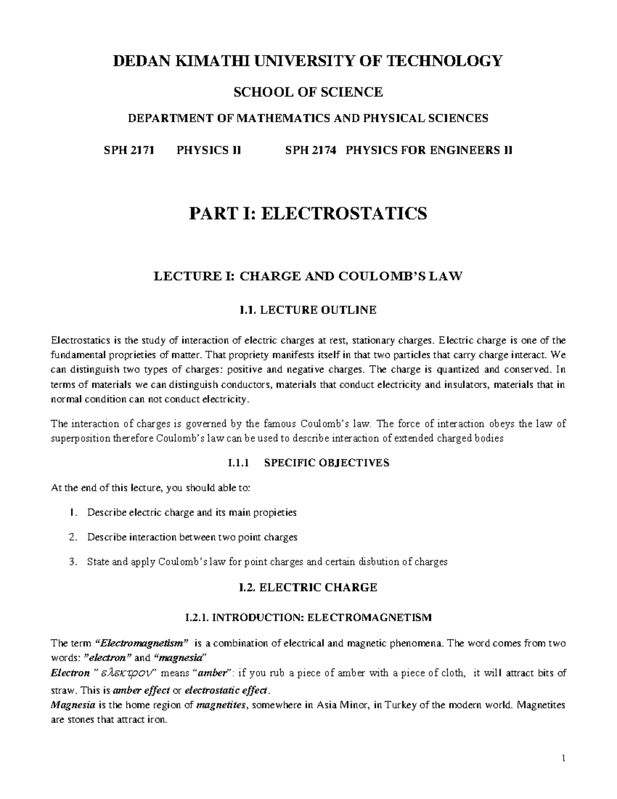PART I. Electrostatics New version - DEDAN KIMATHI UNIVERSITY OF ...