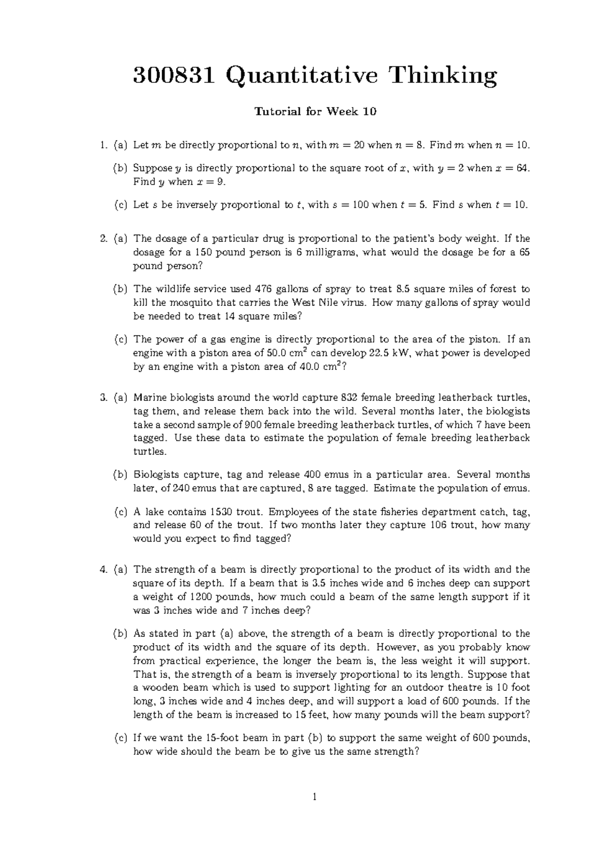 Week10 Tute Sheet Tutorial Week 10 300831 Quantitative Thinking Tutorial For Week 10 1 A