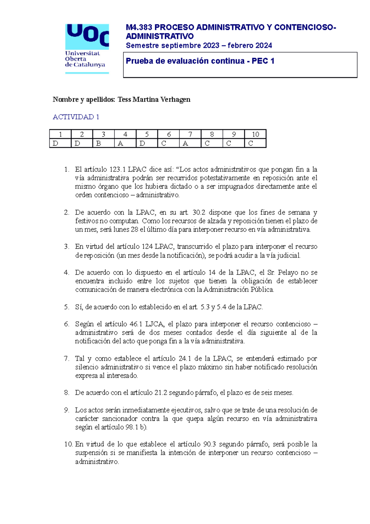 PEC 1 soluciones administrativo - M4 PROCESO ADMINISTRATIVO Y CONTENCIOSO- ADMINISTRATIVO ...