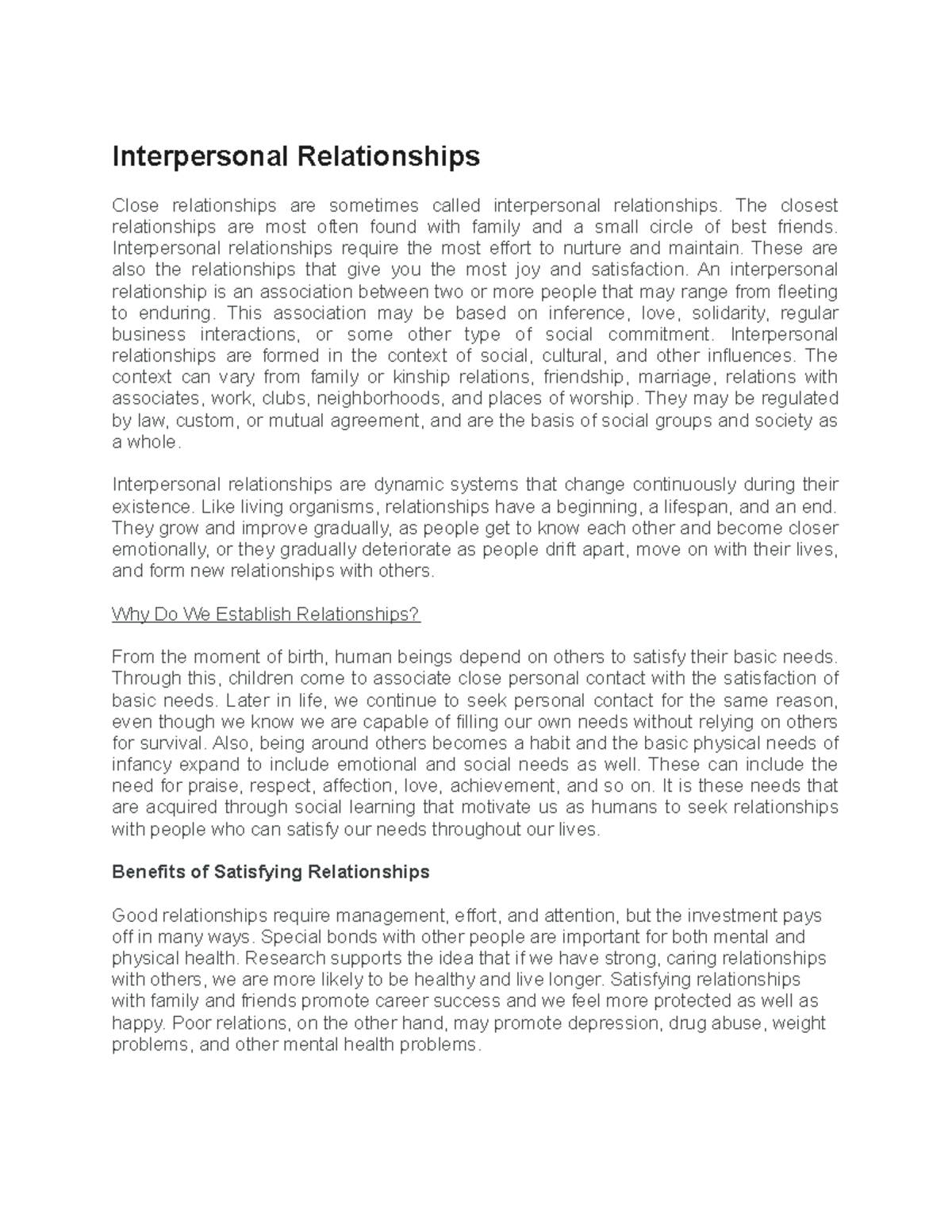 Lecture in Interpersonal Relationships - Interpersonal Relationships ...