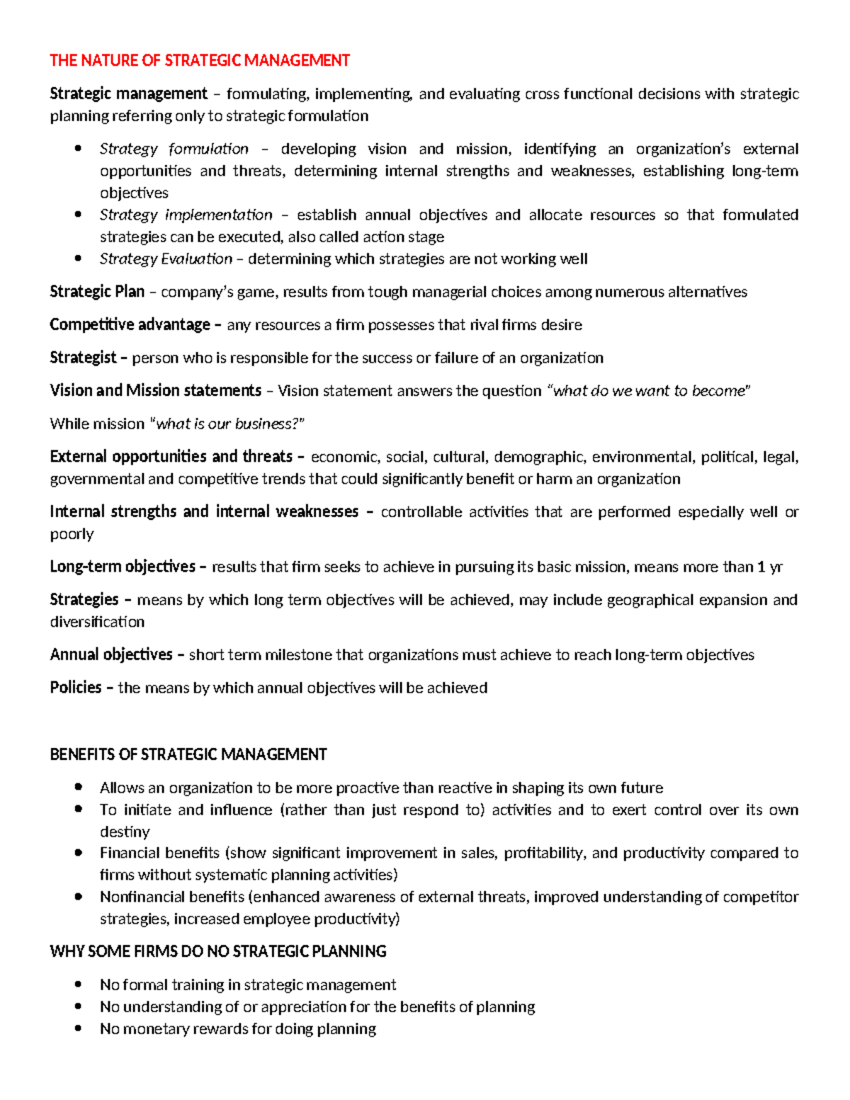 Strat summary - THE NATURE OF STRATEGIC MANAGEMENT Strategic management ...