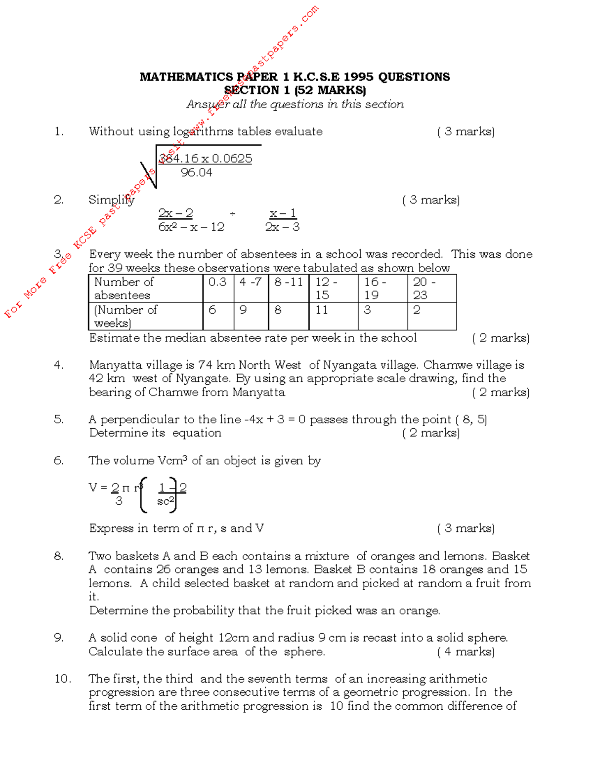 KCSE 1995 Mathematics Paper 1 - MATHEMATICS PAPER 1 K.C.S 1995 ...