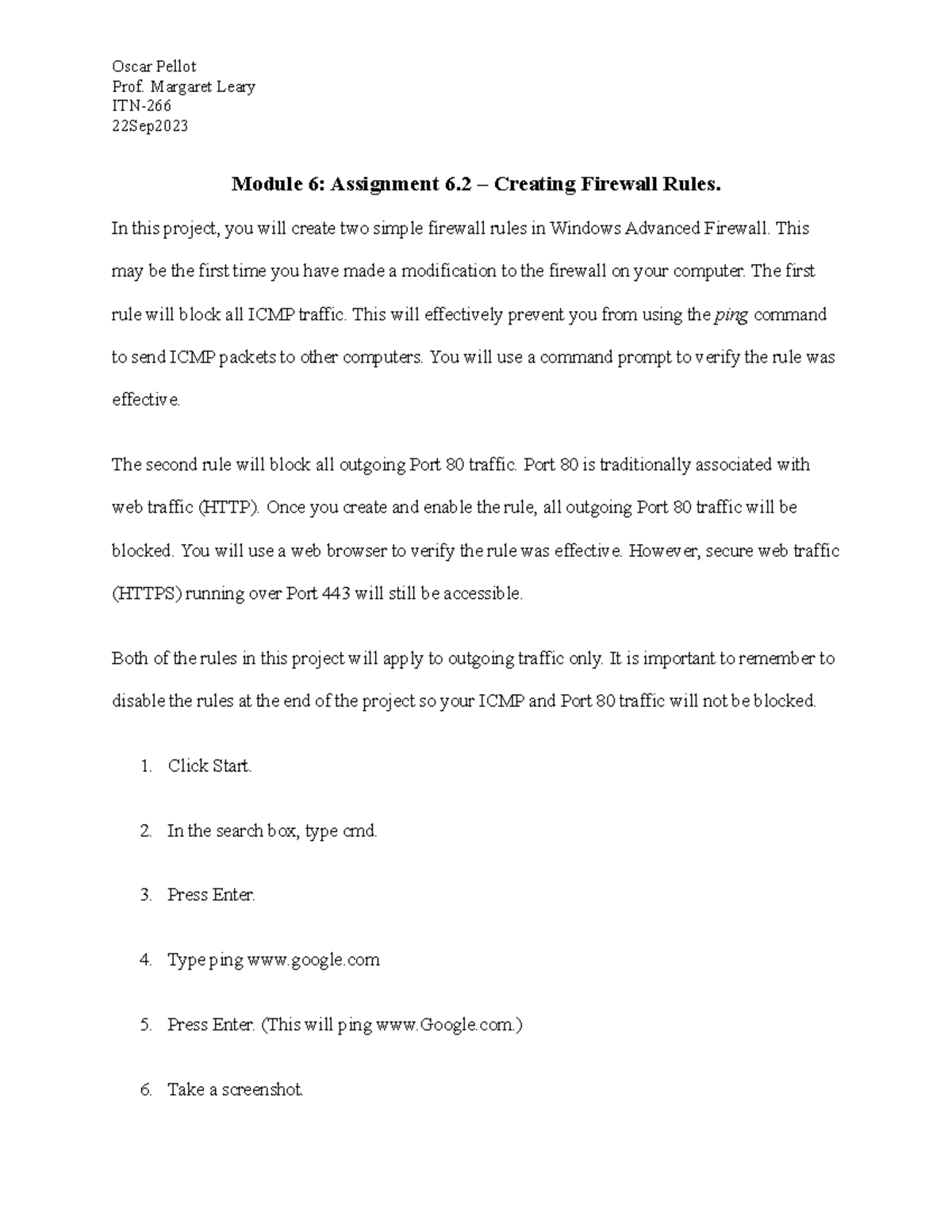 Assignment 6.2 Oscar Pellot - Prof. Margaret Leary ITN- 22Sep Module 6 ...