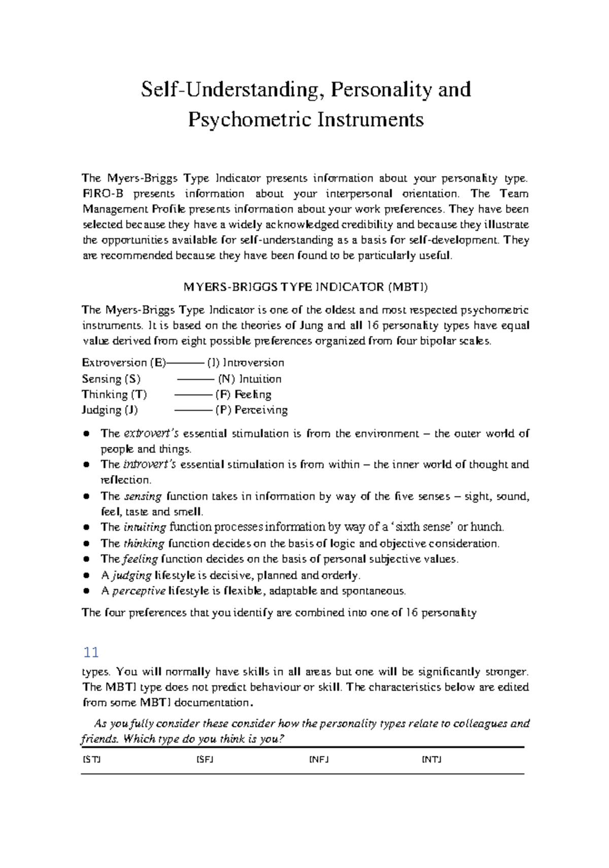 Self-Understanding, Personality and psychometric instruments - Self ...