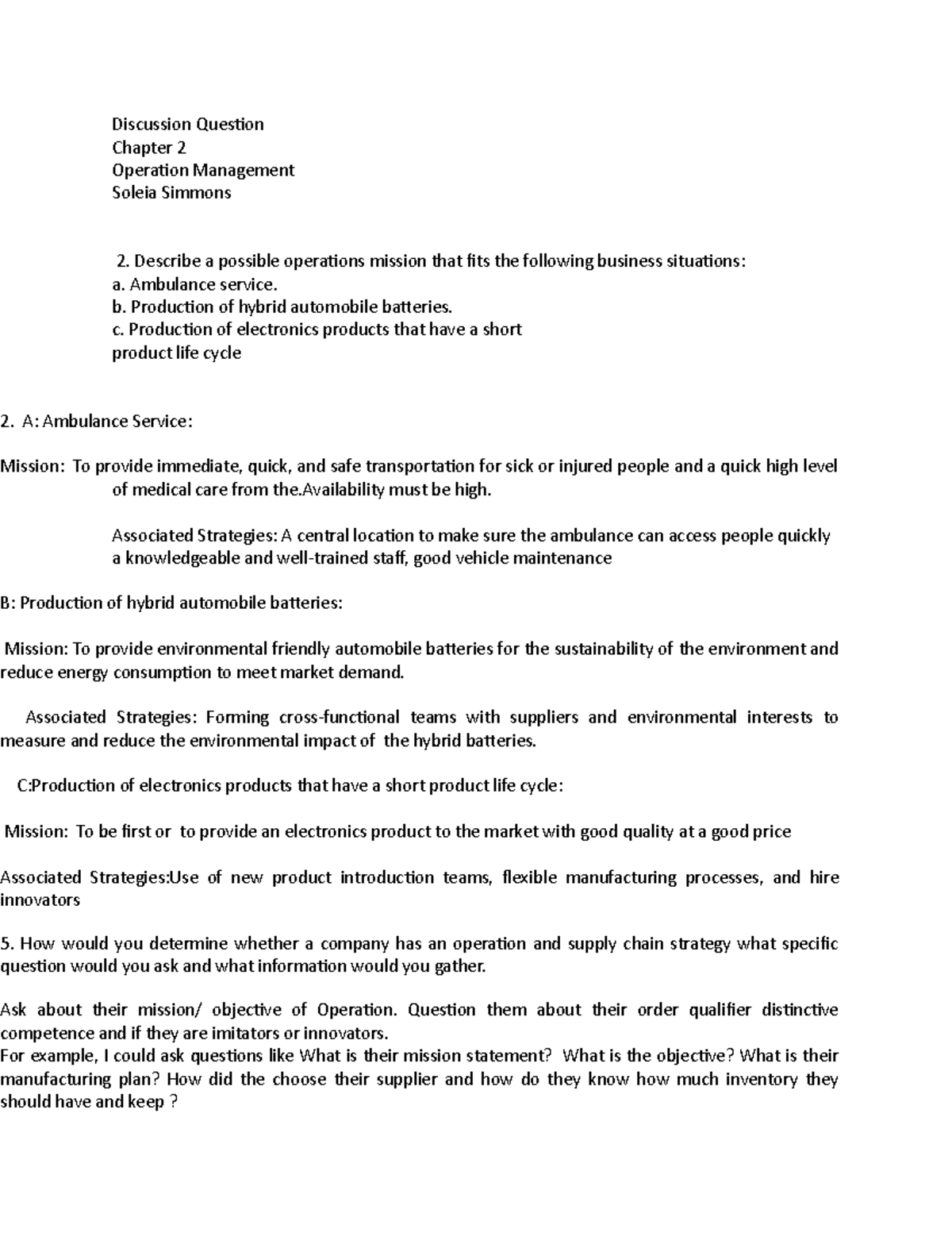 Operation chapter 2 homework copy - Discussion Question Chapter 2 ...