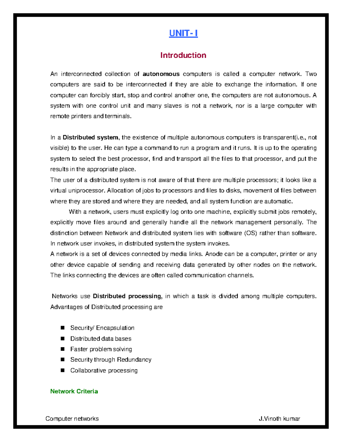 Introduction To Computer Network Unit I Introduction An Interconnected Collection Of