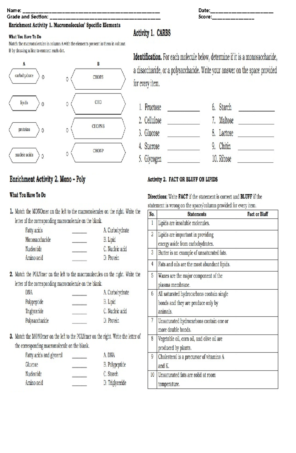 Activity Biomolecules - Name ...