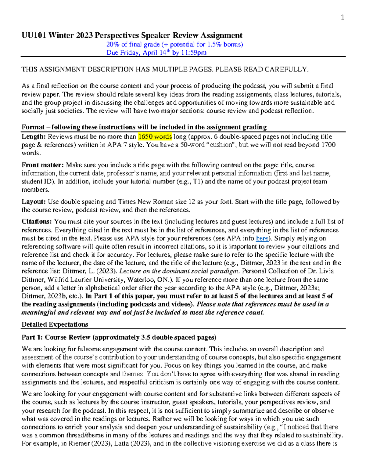 UU101W23 Final Review Paper Description - 1 UU101 Winter 2023 ...