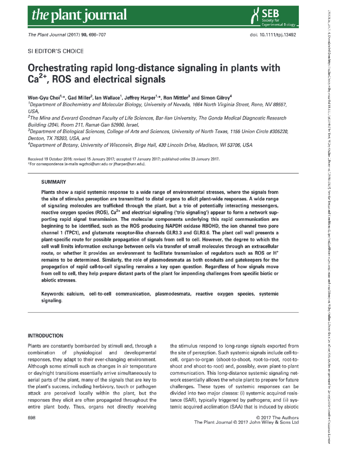 Choi et al. 2017 Orchestrating rapid long‐distance signaling in plants ...