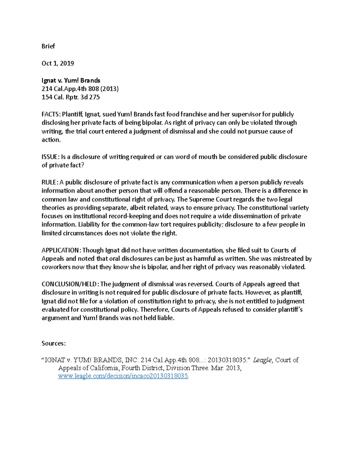 Case Brief - Grade: A - Brief Oct 1, 2019 Ignat v. Yum! Brands 214 Cal ...