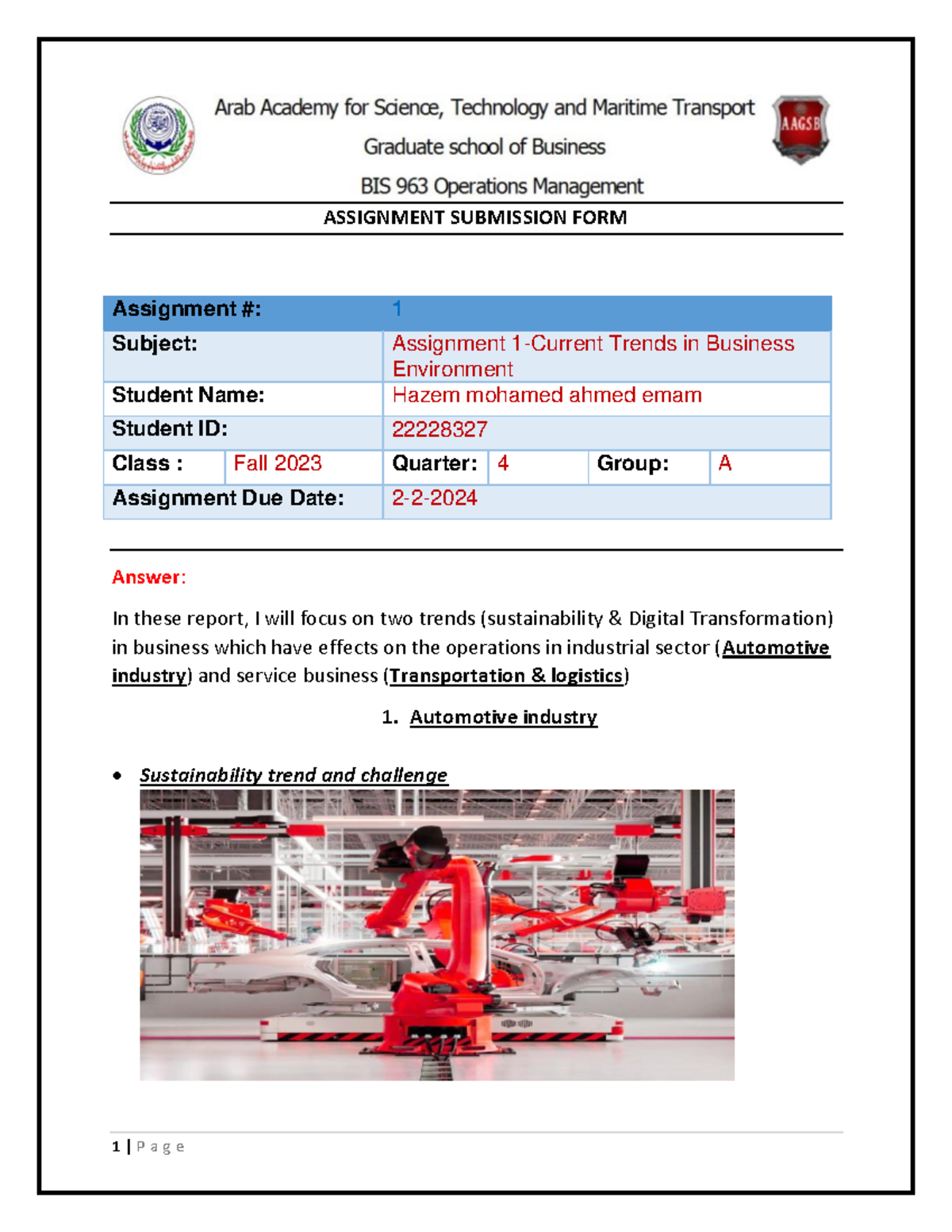 Assignment 1-Current Trends in Business Environment Answer - ASSIGNMENT SUBMISSION FORM ...