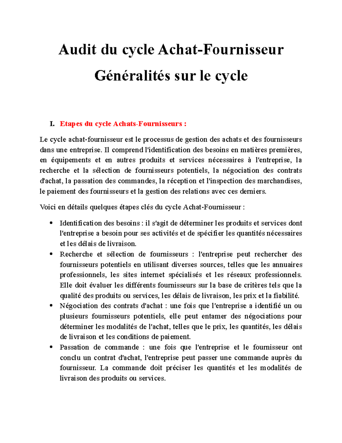 Généralités sur le cycle Achat Fournisseur - Audit du cycle Achat-Fournisseur Généralités sur le ...