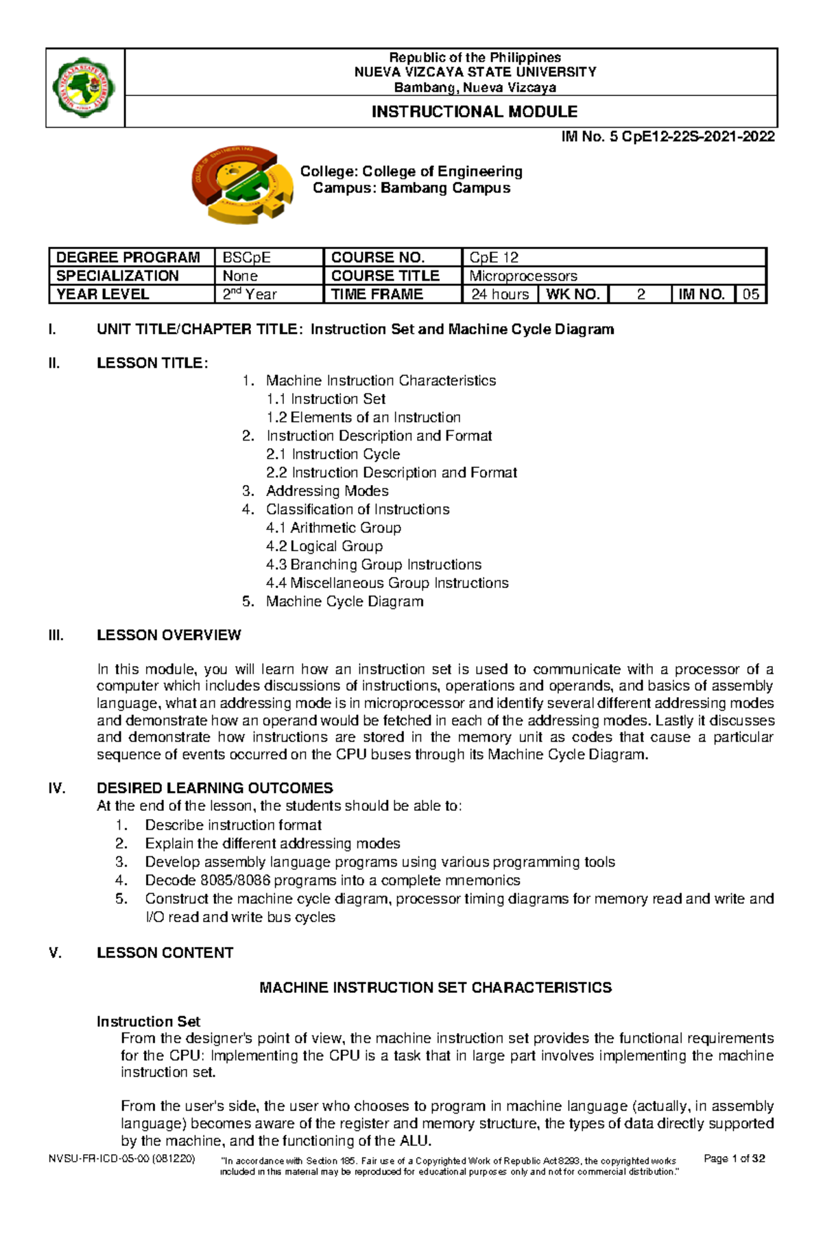 Module 5 (Instruction Sets) - NUEVA VIZCAYA STATE UNIVERSITY Bambang ...
