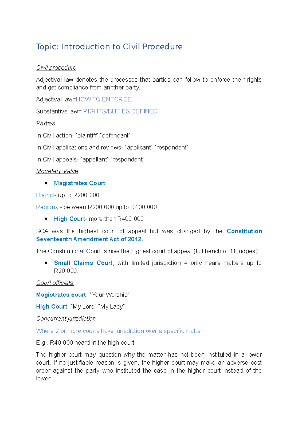 Introduction Notes - Summary - Topic: Introduction to Civil Procedure ...