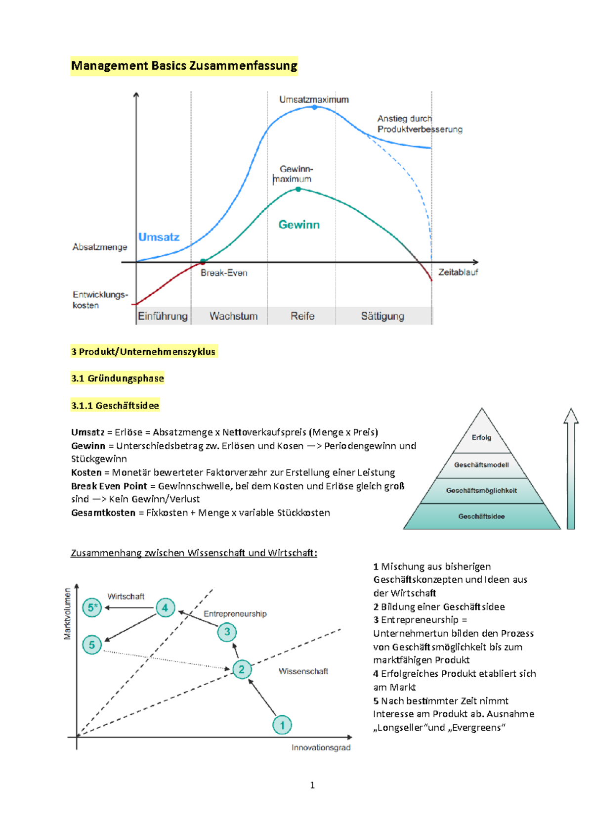 Management Basics Zusammenfassung - 1 Umsatz Absatzmenge x ...