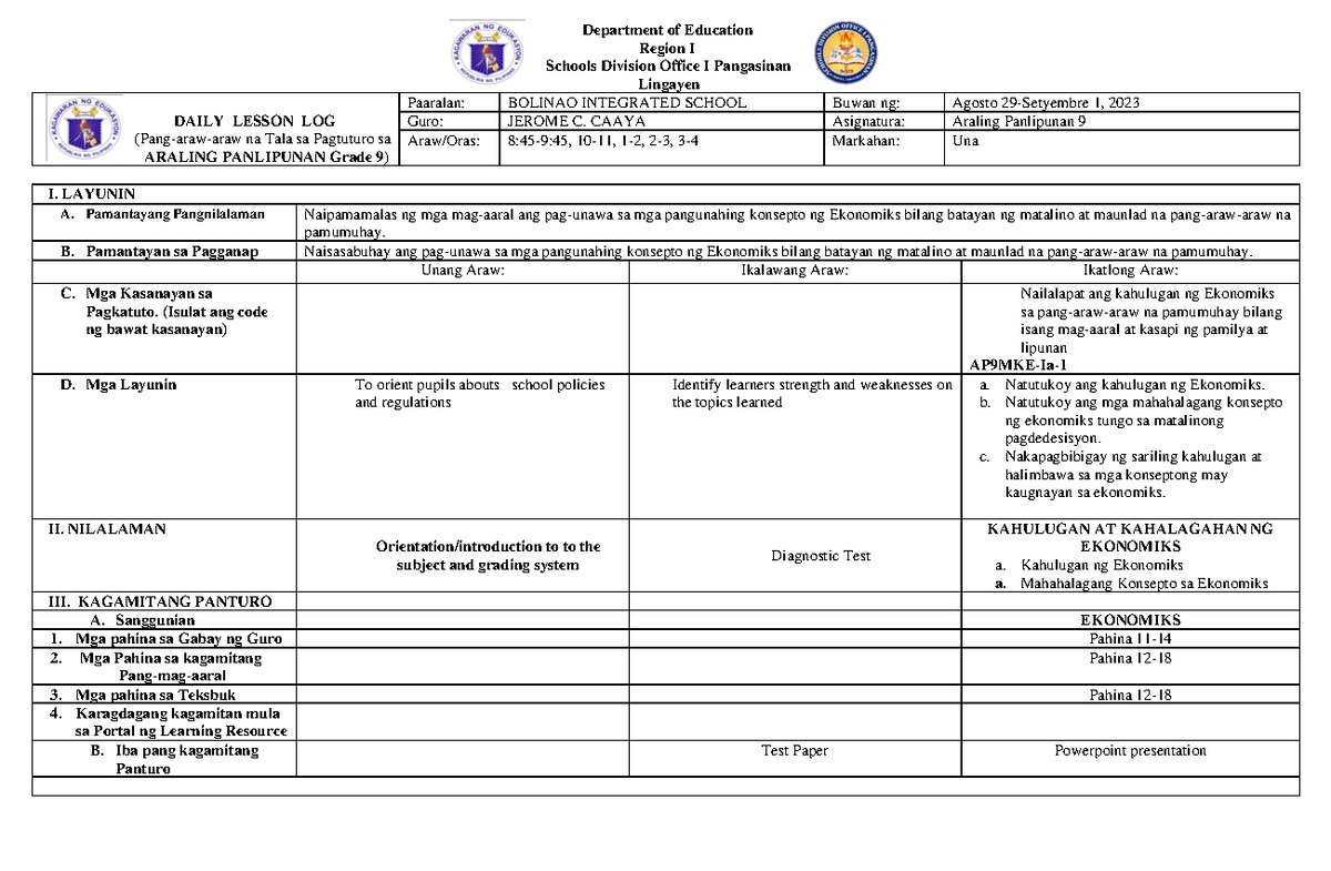 AP 9 1st Grading Week 1 - Diagnostic - Department of Education Region I ...