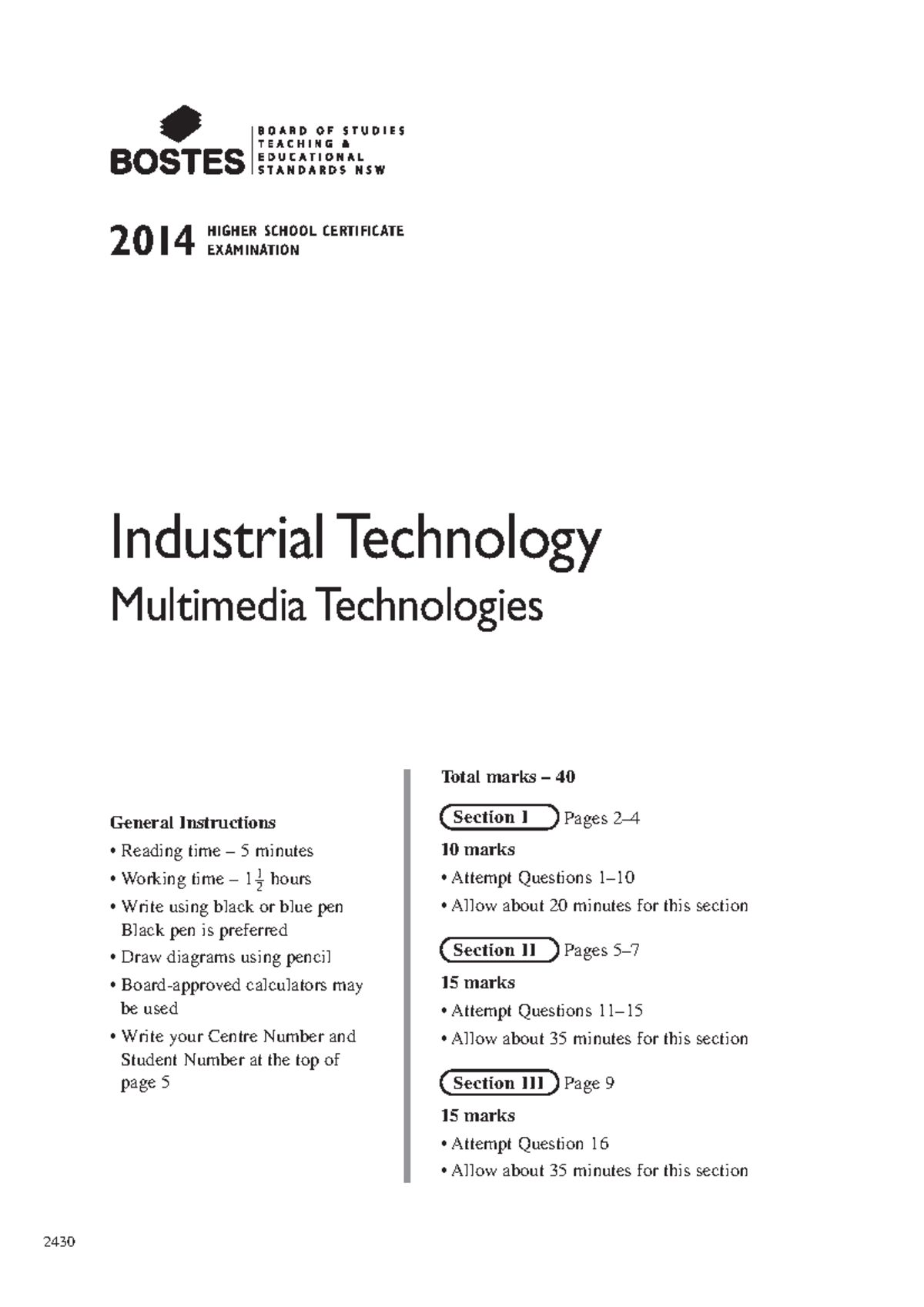 Indt tech multimedia hsc exam 2014 - 2430 2014 HIGHER SCHOOL ...