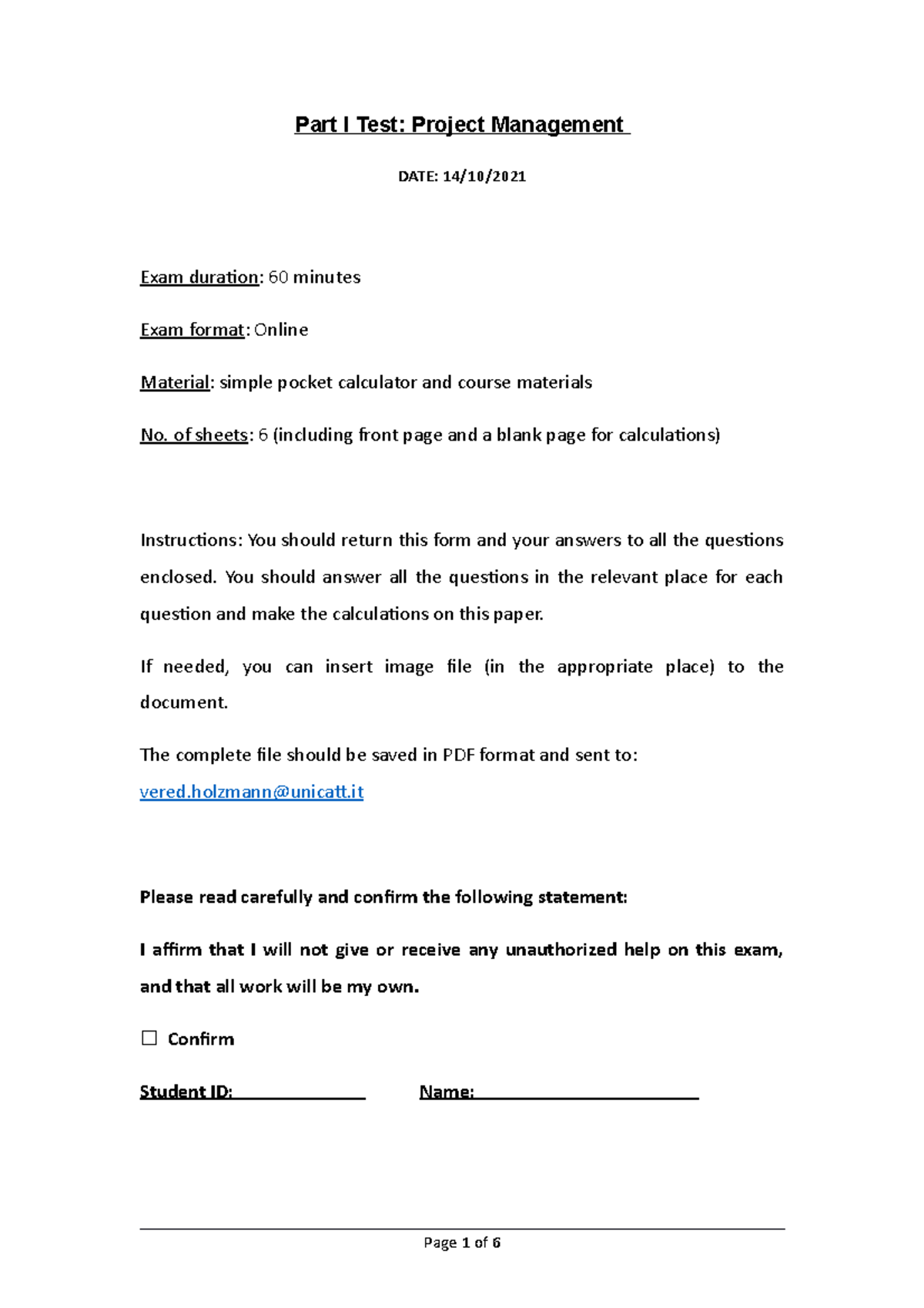 Project Management Part1 Exam Attending 2021 - Part I Test: Project ...