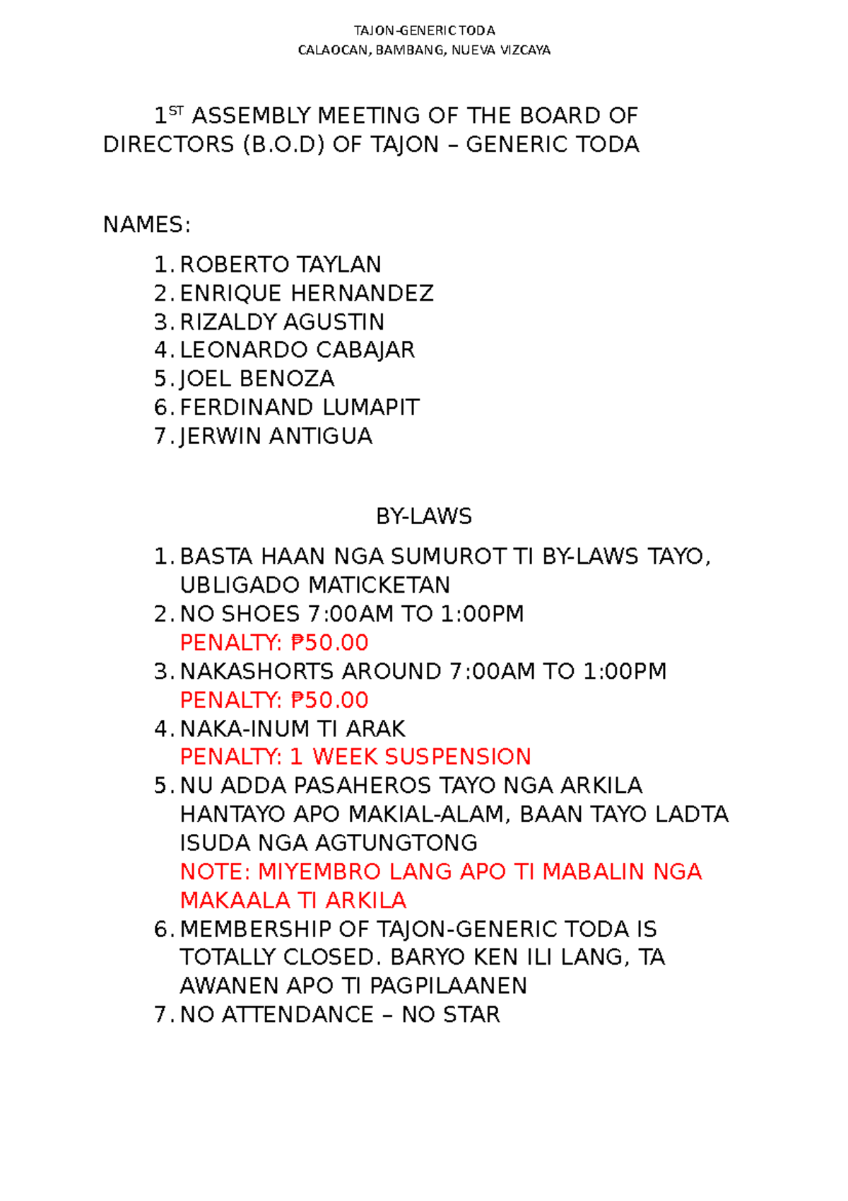 1ST Assembly Meeting OF THE Board OF Directors - TAJON-GENERIC TODA ...