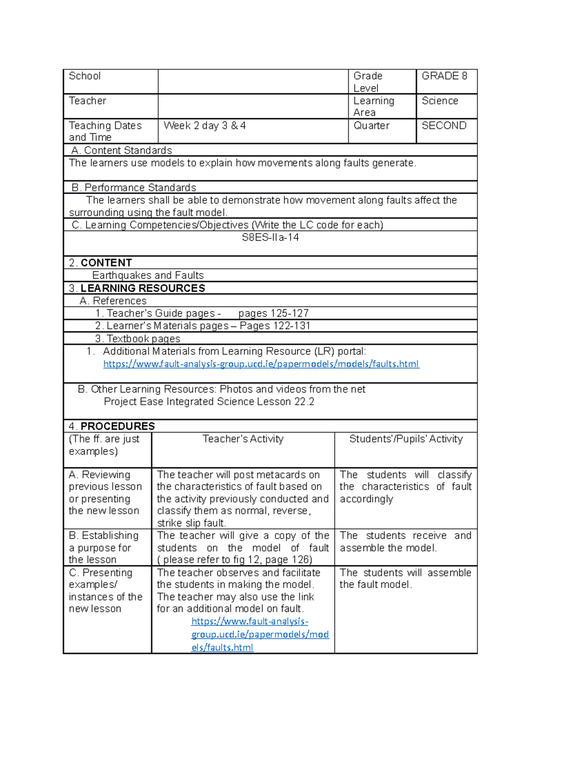 S8ES IIa 14 Earthquakes and Faults - School Grade Level GRADE 8 Teacher ...