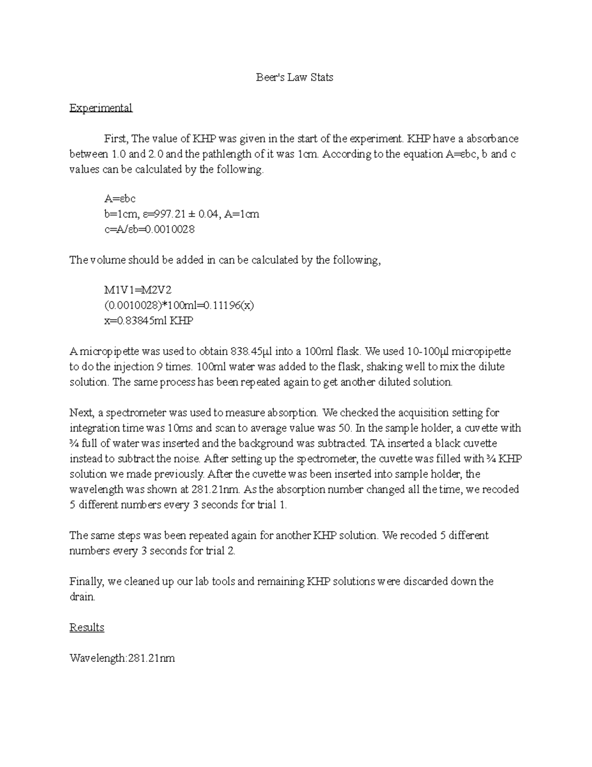 Lab 3 - lab report - Beer's Law Stats Experimental First, The value of ...