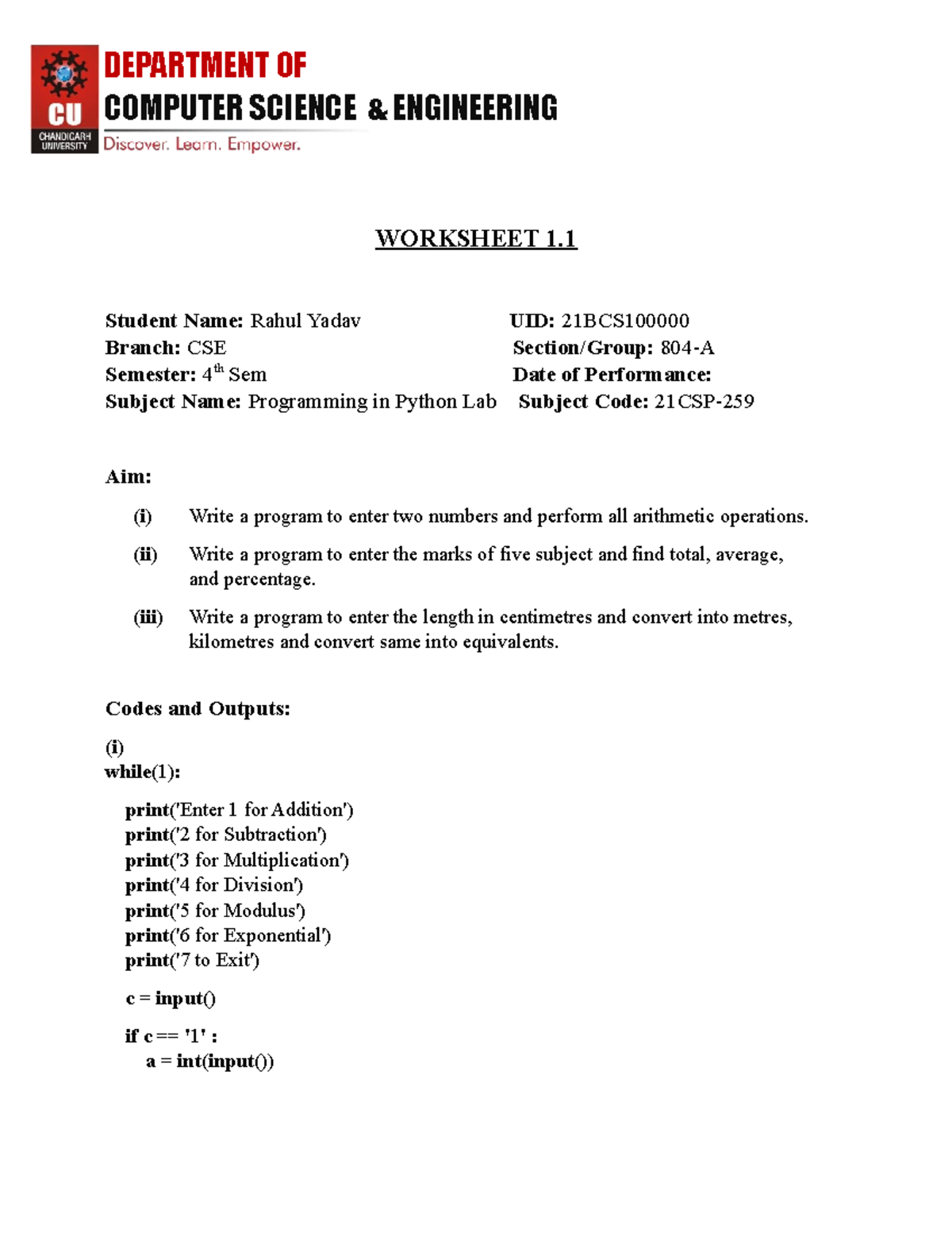 Python 1 rahul yadav - good - COMPUTER SCIENCE & ENGINEERING WORKSHEET 1. Student Name: Rahul ...