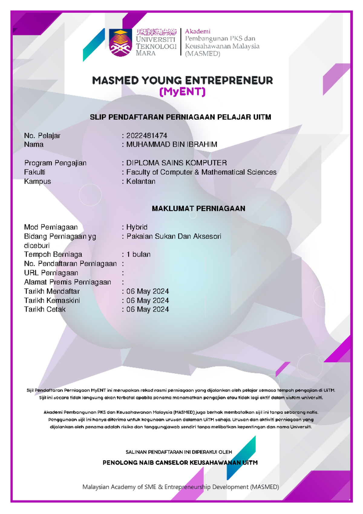 My ENT Digital Certificate (mad) - SLIP PENDAFTARAN PERNIAGAAN PELAJAR ...