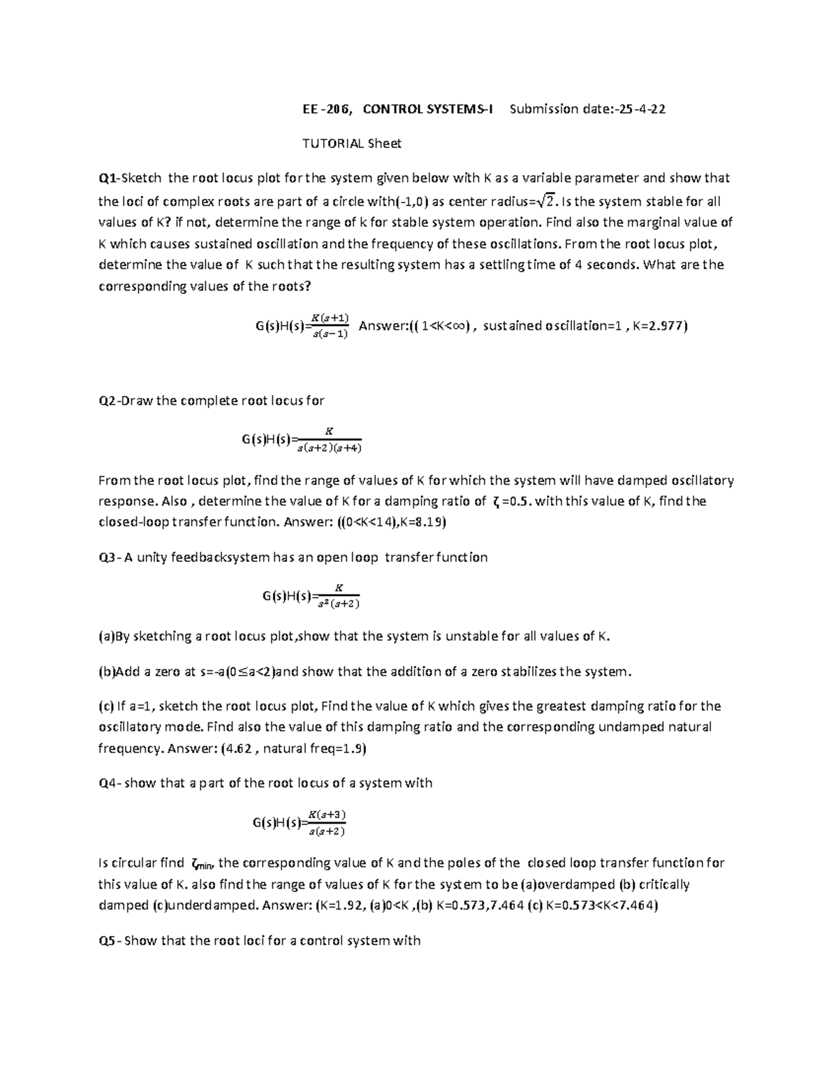 Assignment 2 - Tutorial sheet for EE206 - EE -206, CONTROL SYSTEMS-I ...