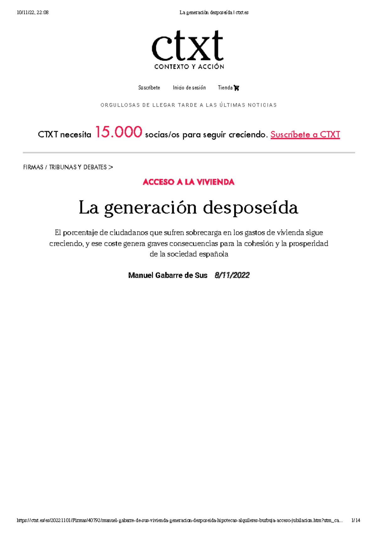 La generación desposeída ctxt - Suscríbete Inicio de sesión Tienda O R ...