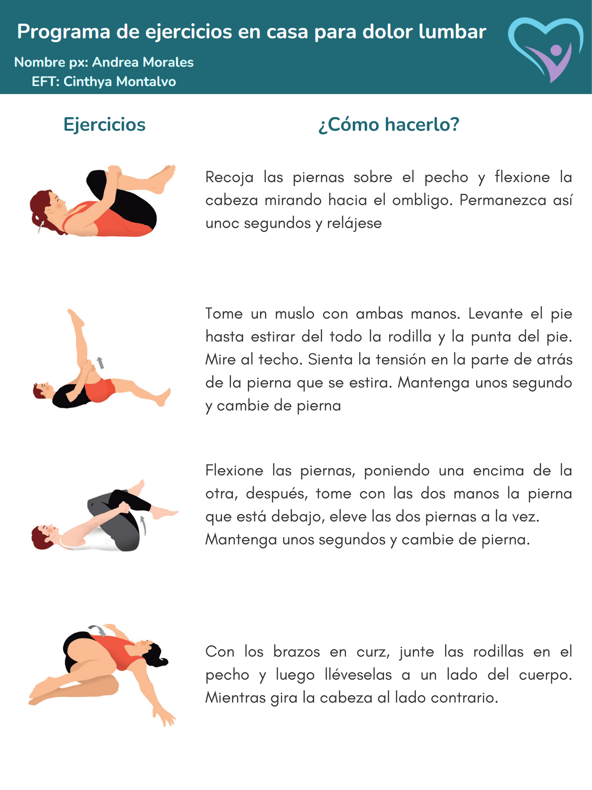 Lumbalgia - Ejercicios ¿Cómo hacerlo? Recoja las piernas sobre el pecho ...