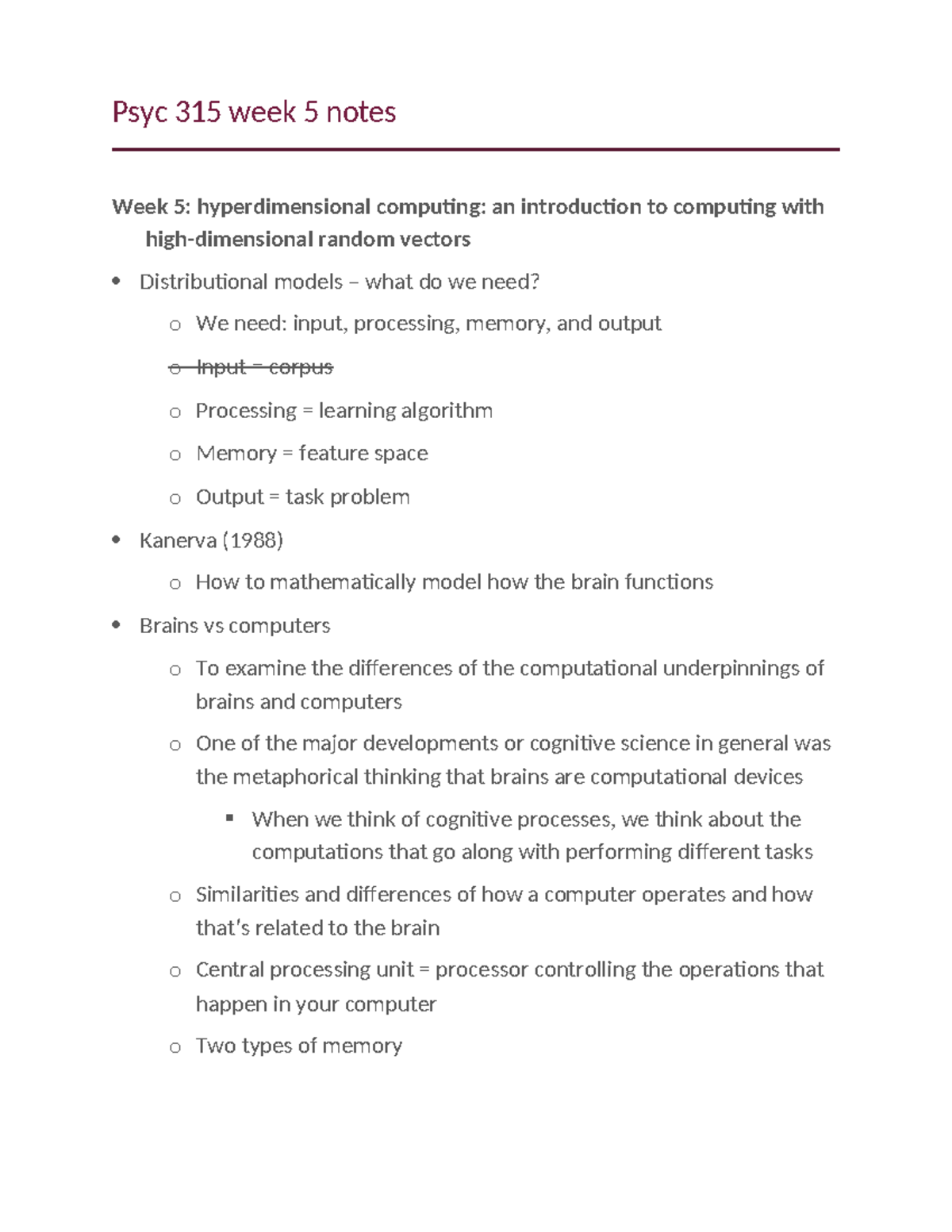 Psyc 315 week 5 notes - Psyc 315 week 5 notes Week 5: hyperdimensional ...