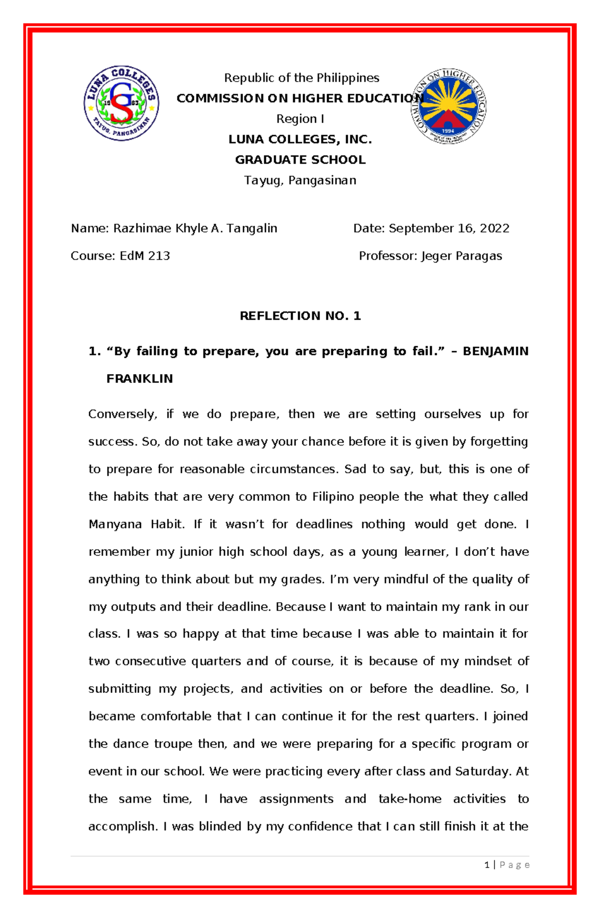 Reflection 1 Tangalin - Republic of the Philippines COMMISSION ON ...