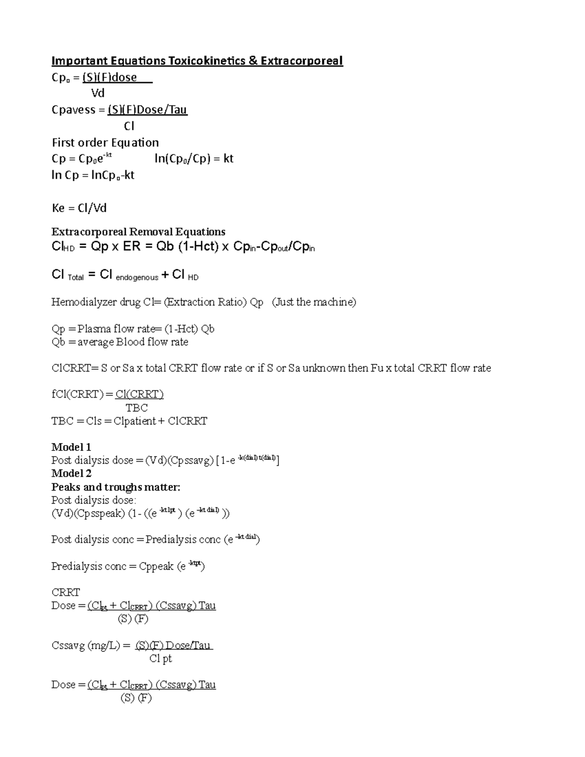 Important Equations & Nomenclature - Important Equations Toxicokinetics ...
