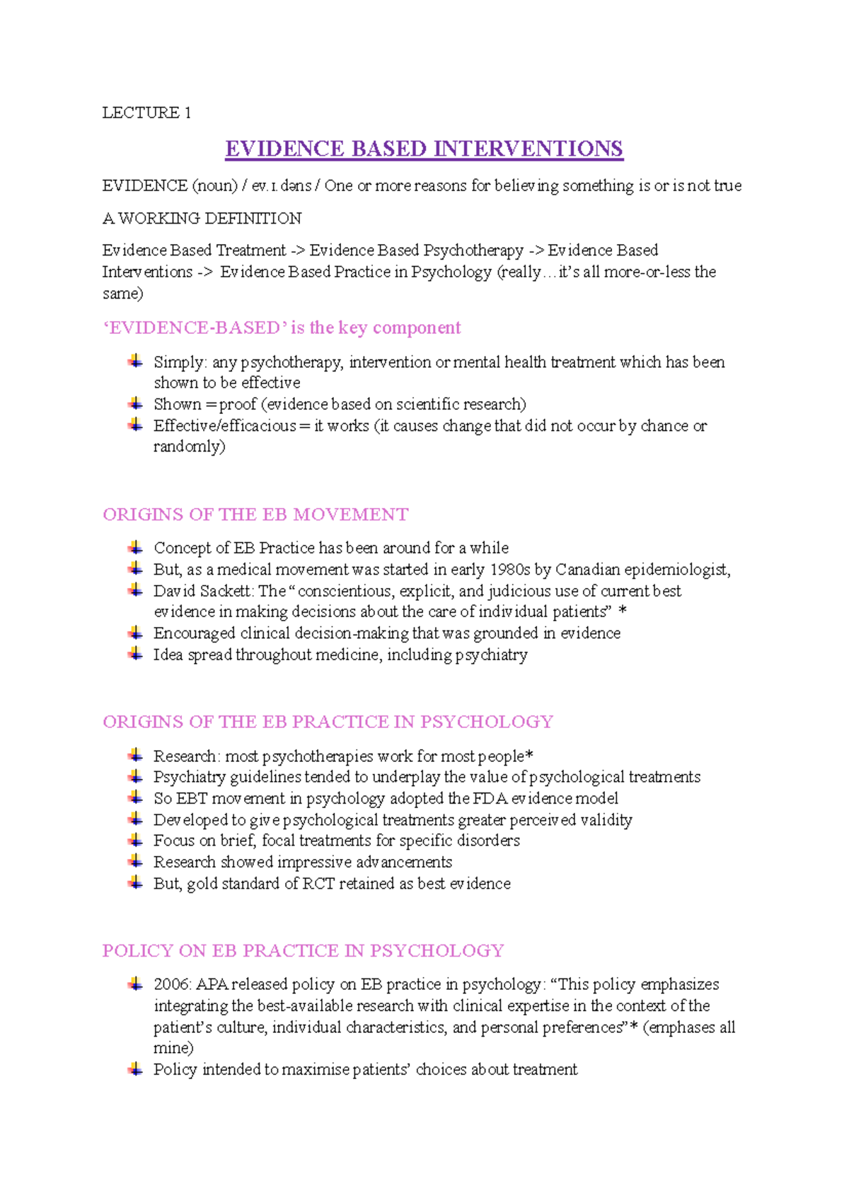 EBT WEEK 1 LECTURE NOTES - LECTURE 1 EVIDENCE BASED INTERVENTIONS ...