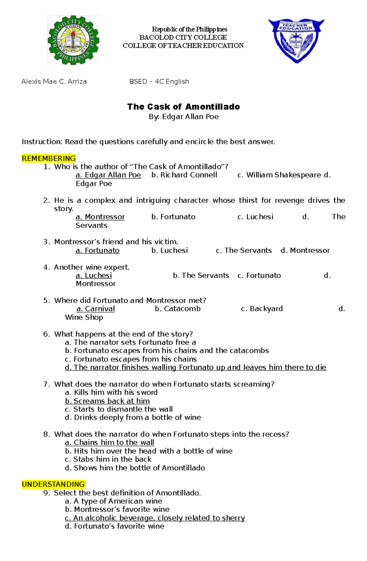 Arriza, Alexis Mae C. (50 TEST Questions - Bloom'S Taxonomy) - Republic ...
