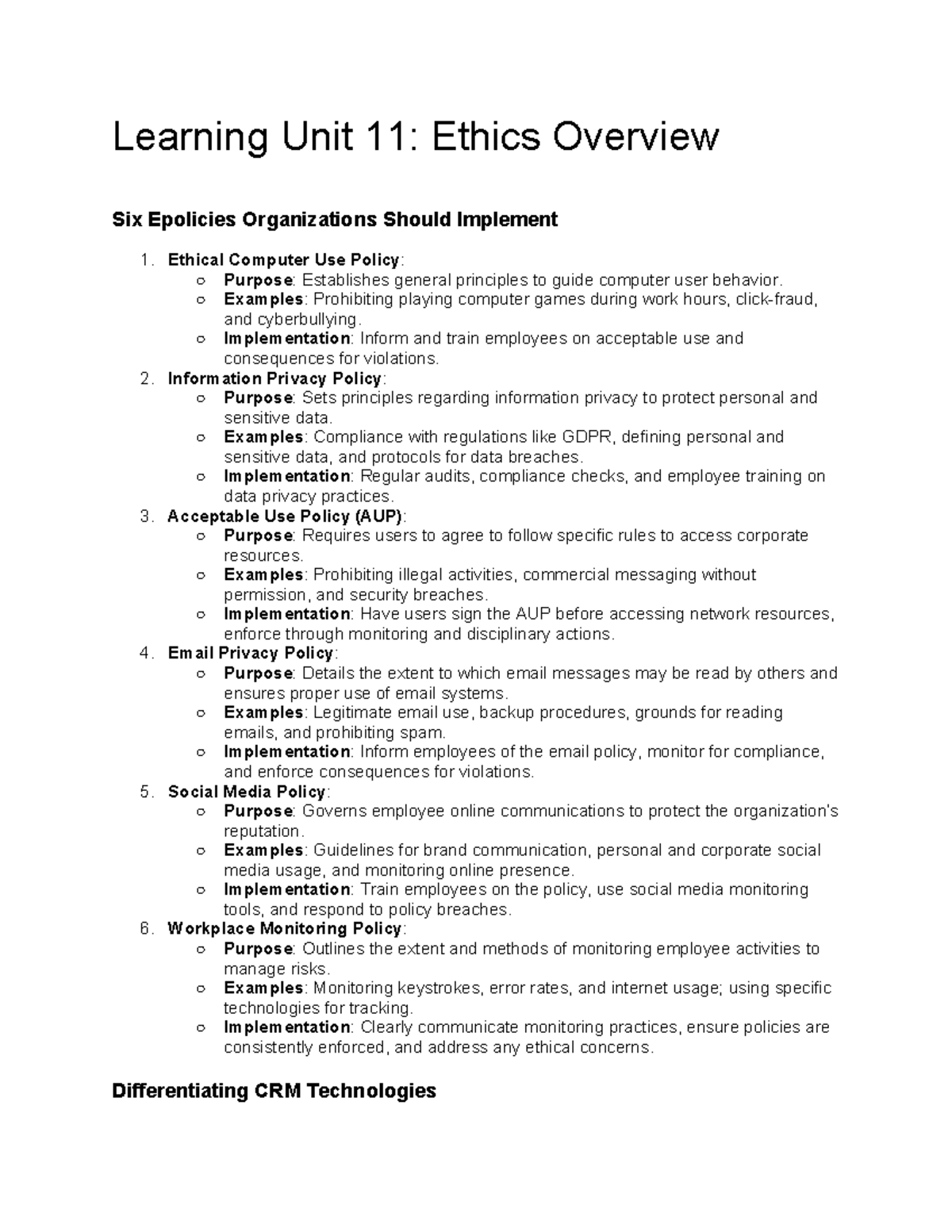 Learning Unit 11 Ethics Overview - Learning Unit 11: Ethics Overview ...