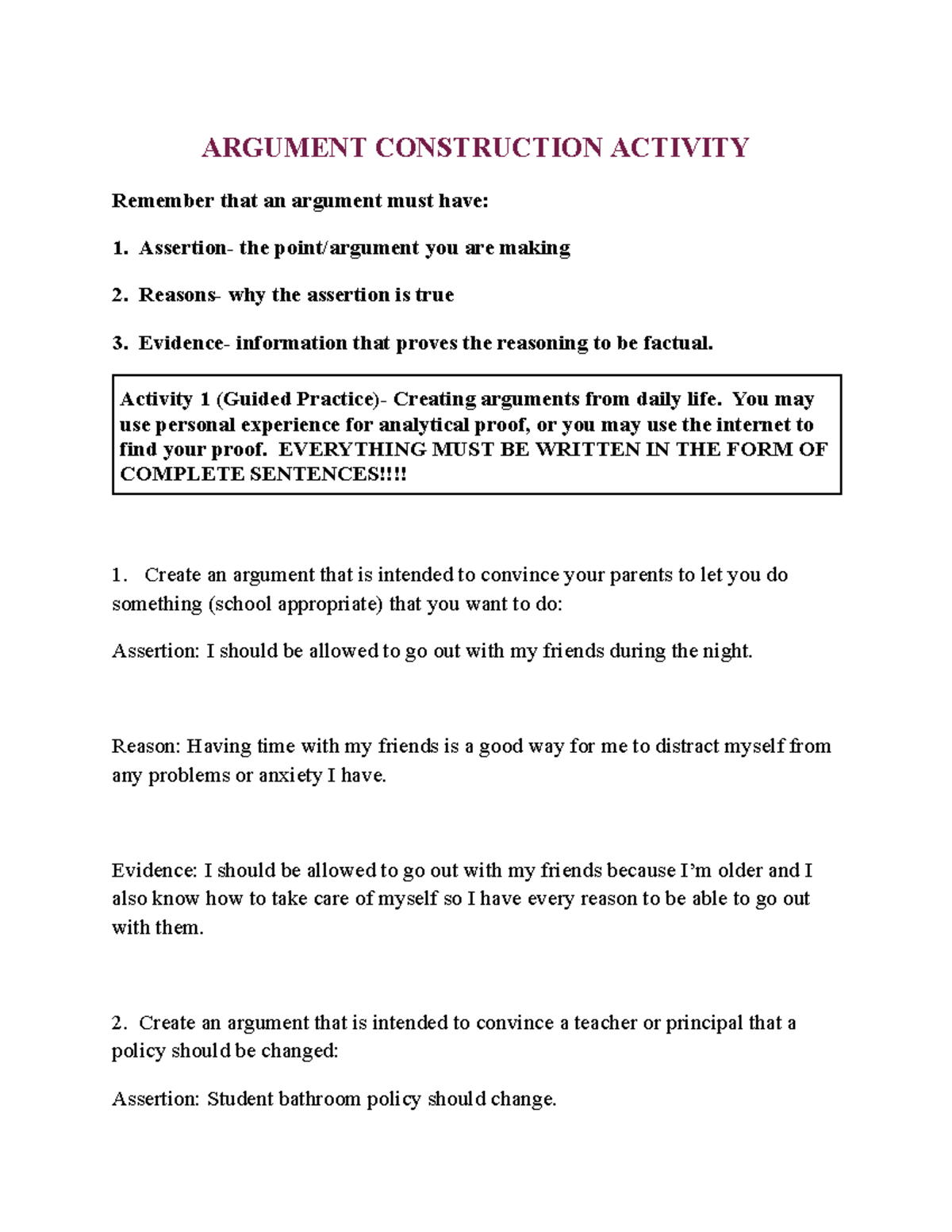 Arizo Qaderi - Argument Construction - ARGUMENT CONSTRUCTION ACTIVITY ...