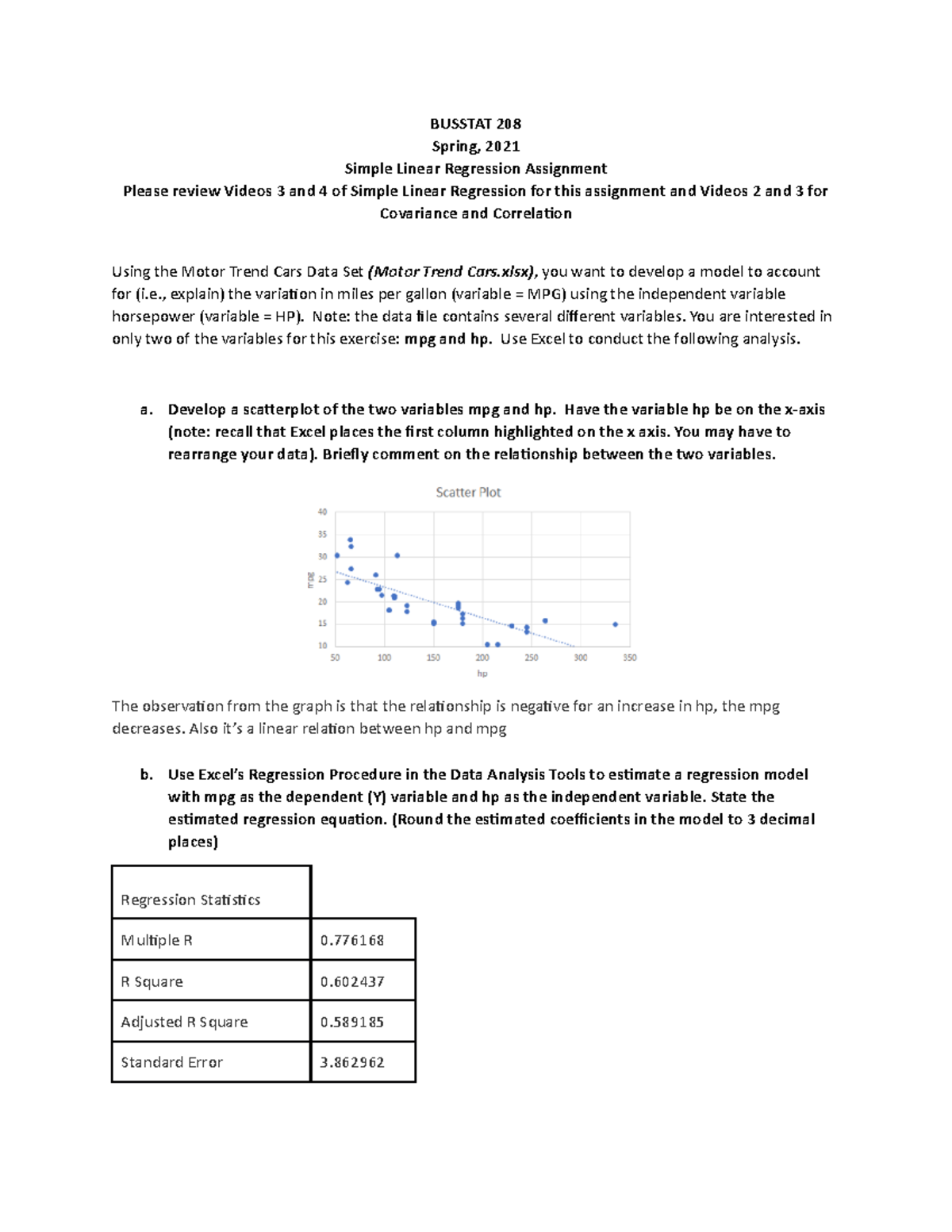 MT Cars Simple Linear Regression Assignment - BUSSTAT 208 Spring, 2021 ...