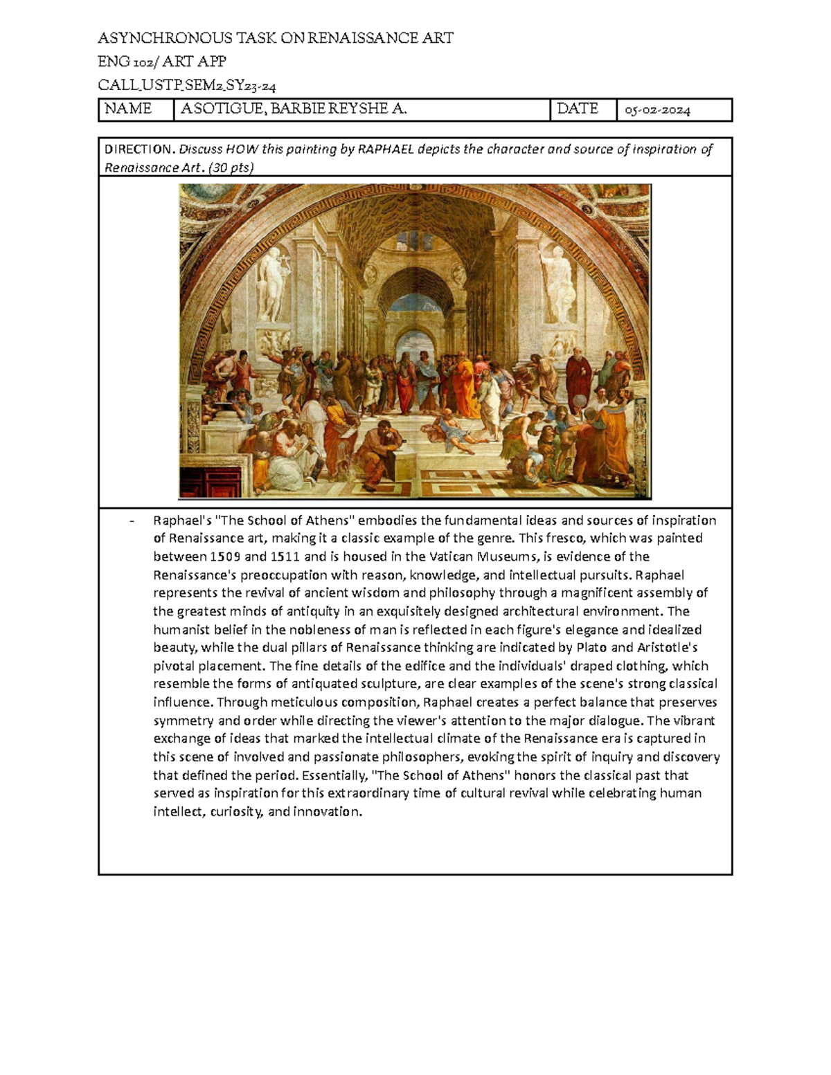 Barbie Reyshe Asotigue - ENG 102 Asynchronous TASK ON Renaissance ART - ASYNCHRONOUS TASK ON ...