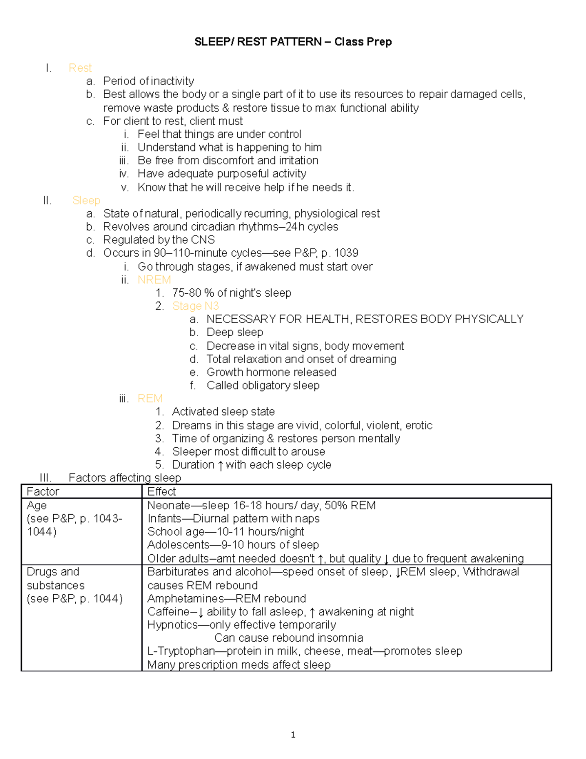 Sleep Notes - SLEEP/ REST PATTERN – Class Prep I. Rest a. Period of ...