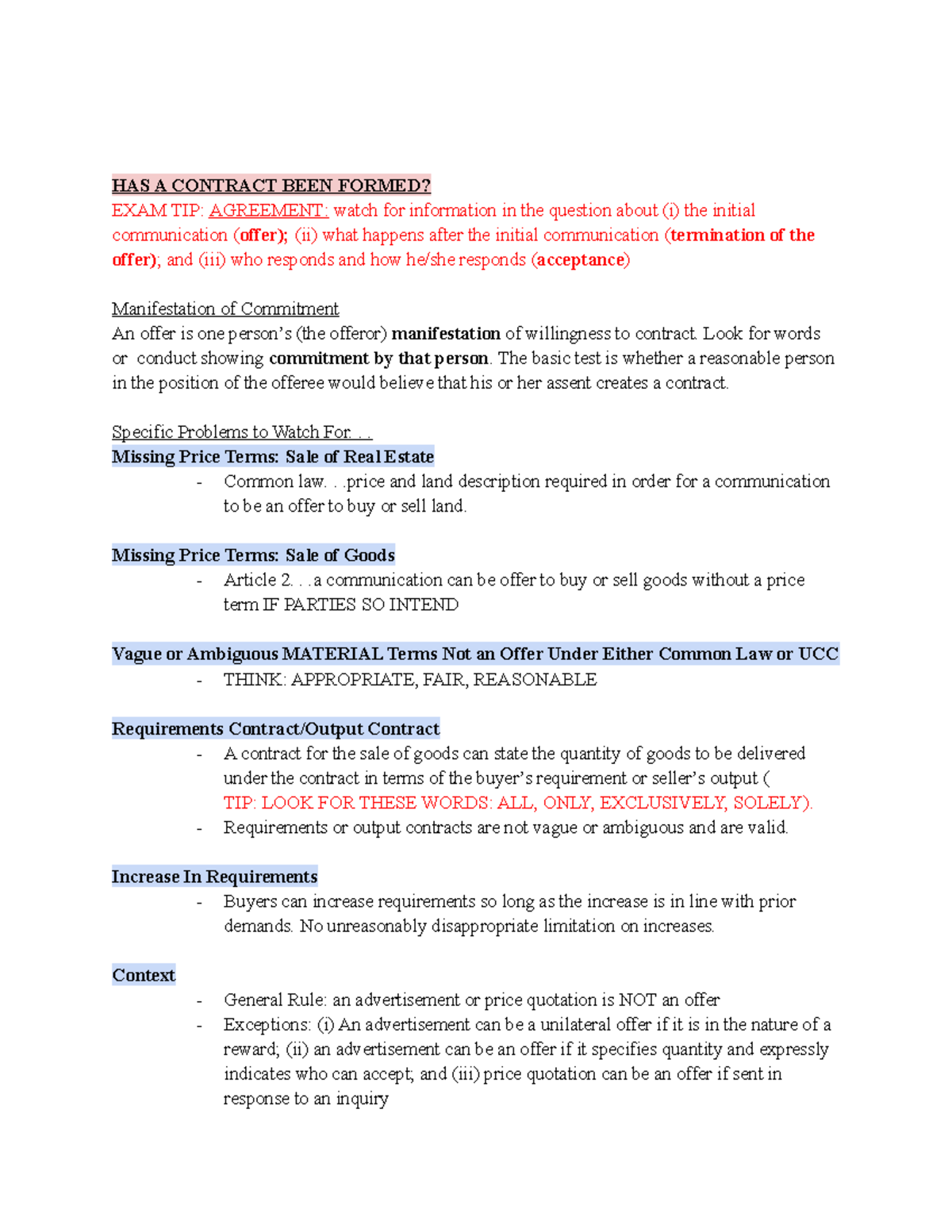 Contracts MBE Attack Outline - HAS A CONTRACT BEEN FORMED? EXAM TIP: AGREEMENT: watch for - Studocu